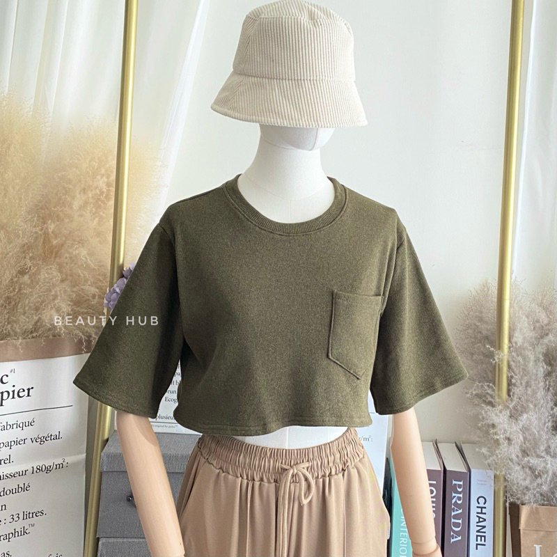 [#040] เสื้อครอปโอเวอร์ไซส์ crop oversize ทรงเบสิค แต่งกระเป๋าหน้า เอว ...