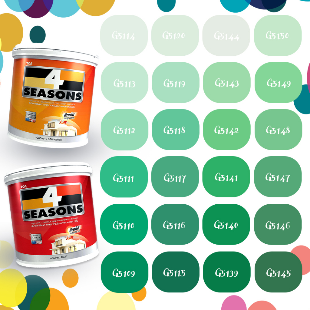 TOA 4 Seasons สีเขียว ขนาด 3.7L แบบกึ่งเงา และ ด้าน ทนทาน 8 ปี สีน้ำอะ ...