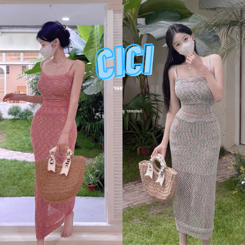 Cici(NO.T2206)ชุด Set 2 ชิ้น สายเดี่ยว+กระโปรงผ้าไหมพรม สีพาสเทลสดใส ตัวกระโปรงเป็นสม็อค ใส่สบาย ...
