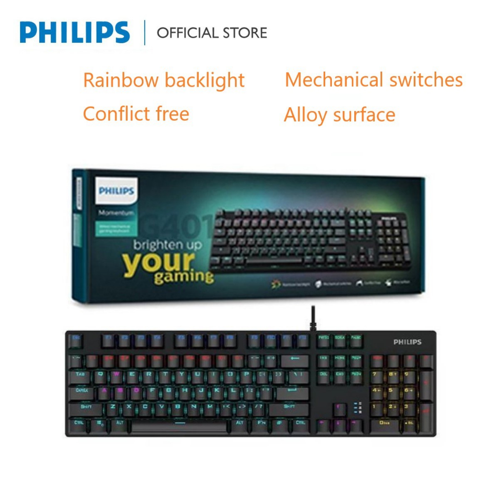 *โปร8.8*คีย์บอร์ดเกมมิ่ง มีไฟ RGB Philips SPK8401 (G401) Blue Switch Alloy Panel Professional ...