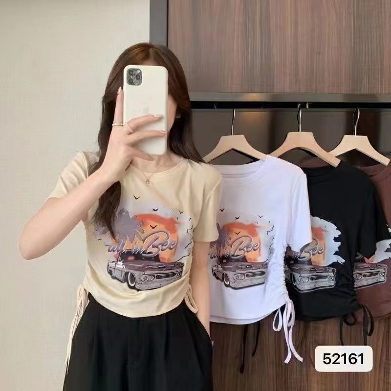 Miki-Shop*พร้อมส่งเสื้อยืดแขนสั้นพิมพ์ลายรูดเชือก2ข้าง ใส่เข้ารูปน่ารัก ...