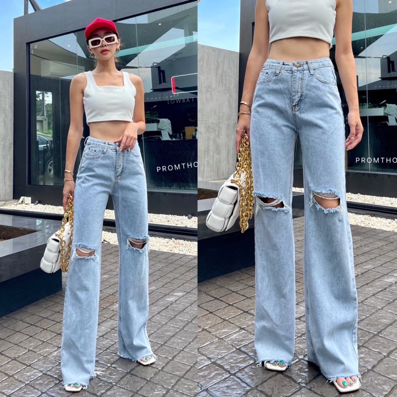 Promthong Jeans 3627 กางเกงยีนส์ทรงกระบอกใหญ่สุดเท่ ดีเทลแต่งขาดสุดชิค ...