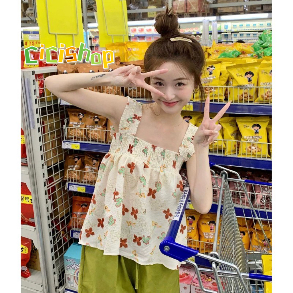 Cicishop(WK965)เสื้อสายเดี่ยวคอเหลี่ยม ดีเทลสม๊อกอกทั้งหน้าหลัง ลูกเล่นลายเยอะ สีสันน่ารัก สาว ...