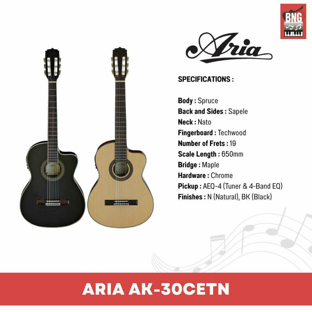 ARIA AK-30CETN,BK กีตาร์คลาสสิคไฟฟ้า เสียงนุ่ม เล่นสบายมือ ไม้คุณภาพ Electric Classic Guitar ...