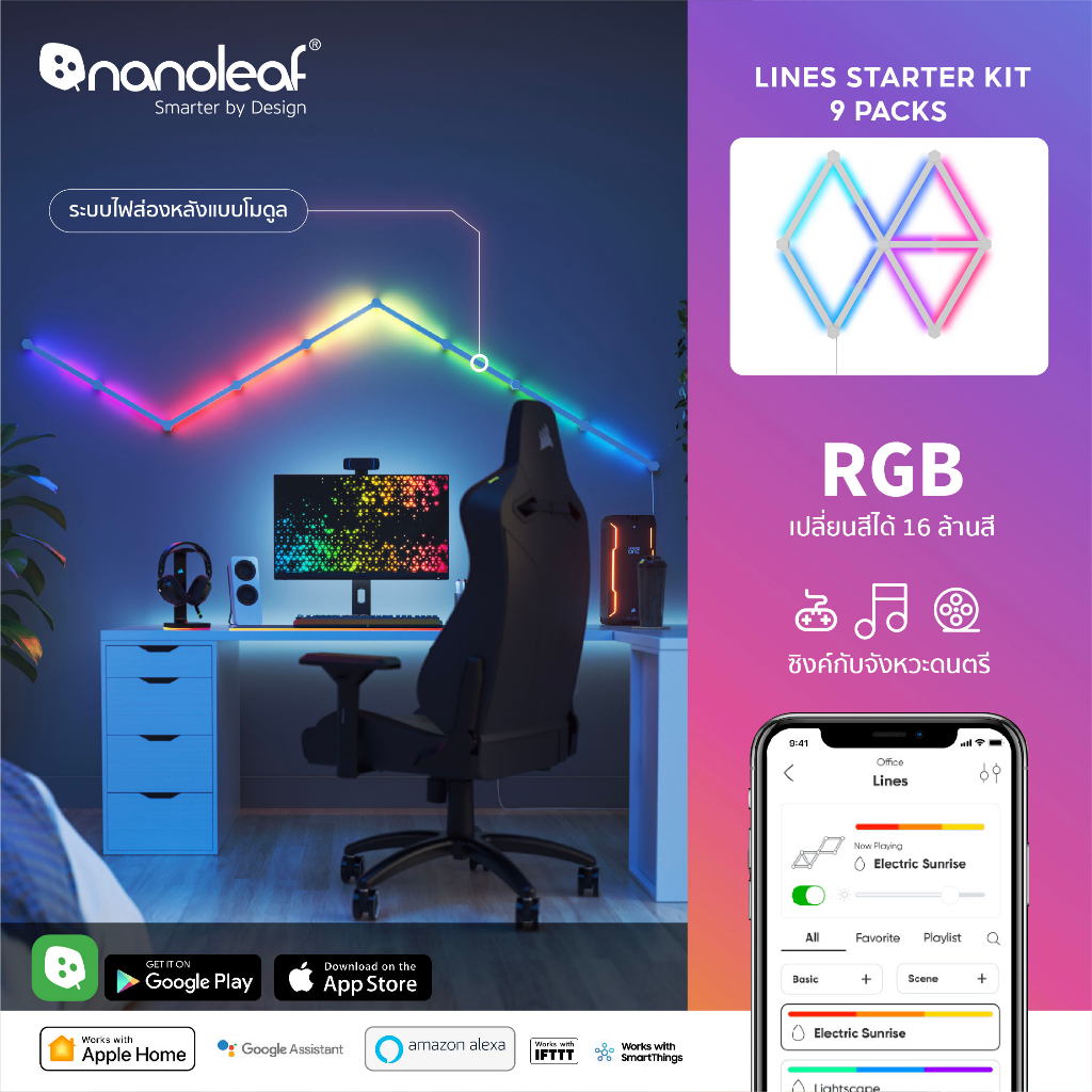 Nanoleaf Lines (Starter Kit 9 Lines) ไฟแต่งห้อง LED RGB แบบเส้นตรง ...