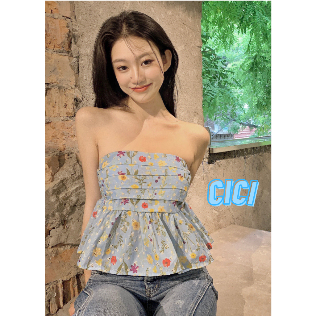 Cici(NO. J525)เกาะอกลายดอกไม้แต่งปลายระบายสม็อคหลังจับแมทซ์ง่ายน่ารักมากก | Shopee Thailand