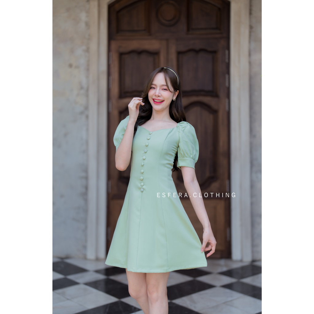 เดรสออกงาน ทำงาน ผ้าเปเป้เนื้อผ้าดี คอแต่งหยัก แขนป่องทรงตุ๊กตา จั๊มไหล่ DR039-2 | Shopee Thailand