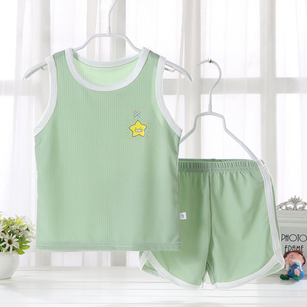 Babyonline(Y043)C2 ชุดเซ็ตเสื้อกล้ามกางเกงขาสั้นสำหรับเด็กลายการ์ตูนผ้า ...