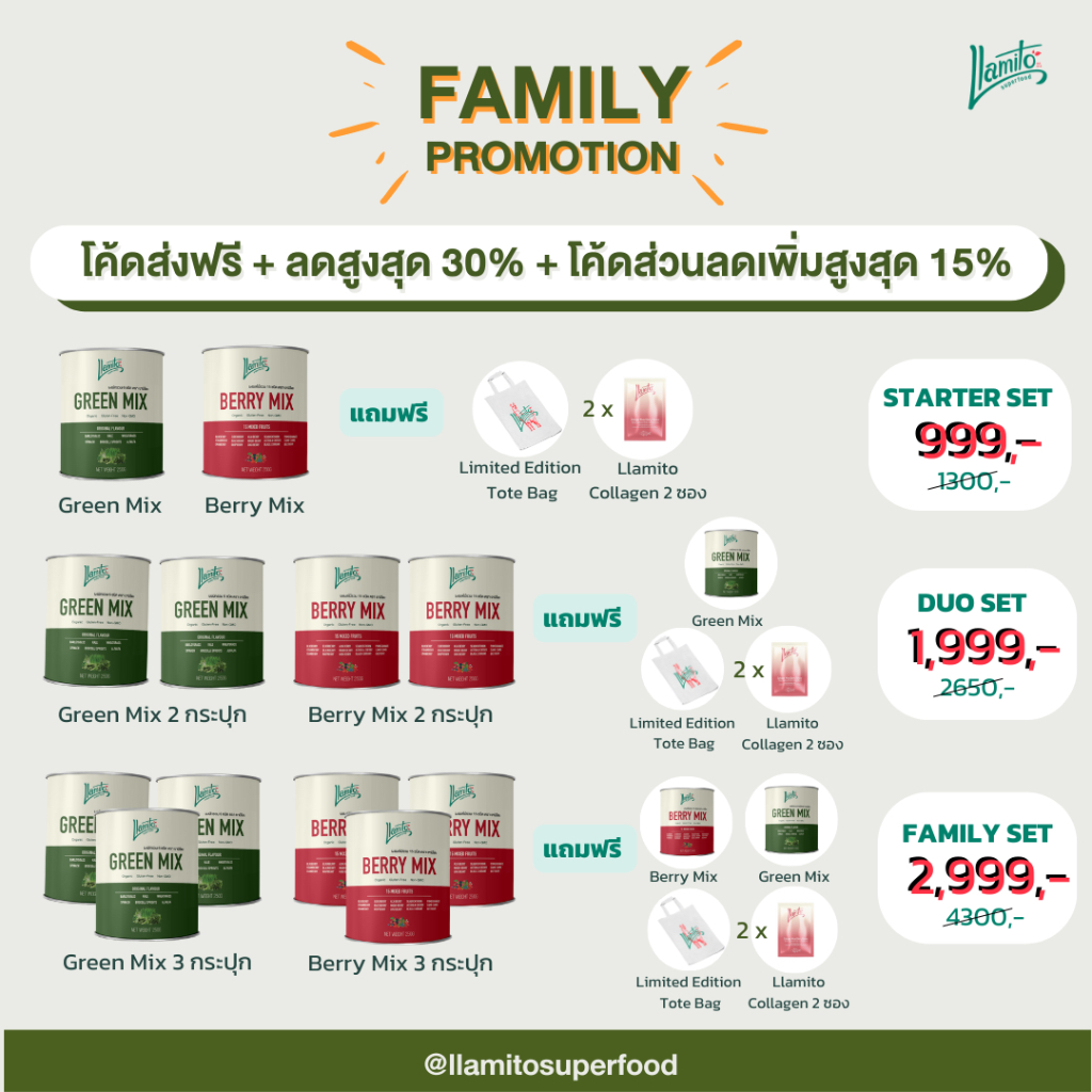 Llamito เช็ตพิเศษ ผงผักรวม ขนาด 250g (Green Mix Powder) + Llamito ผง ...