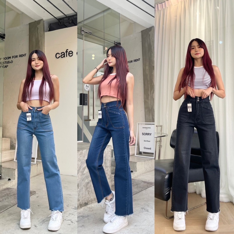 S-38 Atom jeans กางเกงยีนส์ทรงกระบอกกลาง แต่งกระเป๋าเฉียง | Shopee Thailand