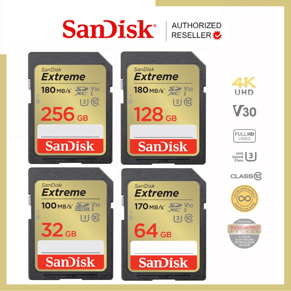 SanDisk Extreme SD Card SDHC SDXC 32GB , 64GB ,128GB , 256GB (SDSDXVT) เมมโมรี่การ์ด SDCARD ...