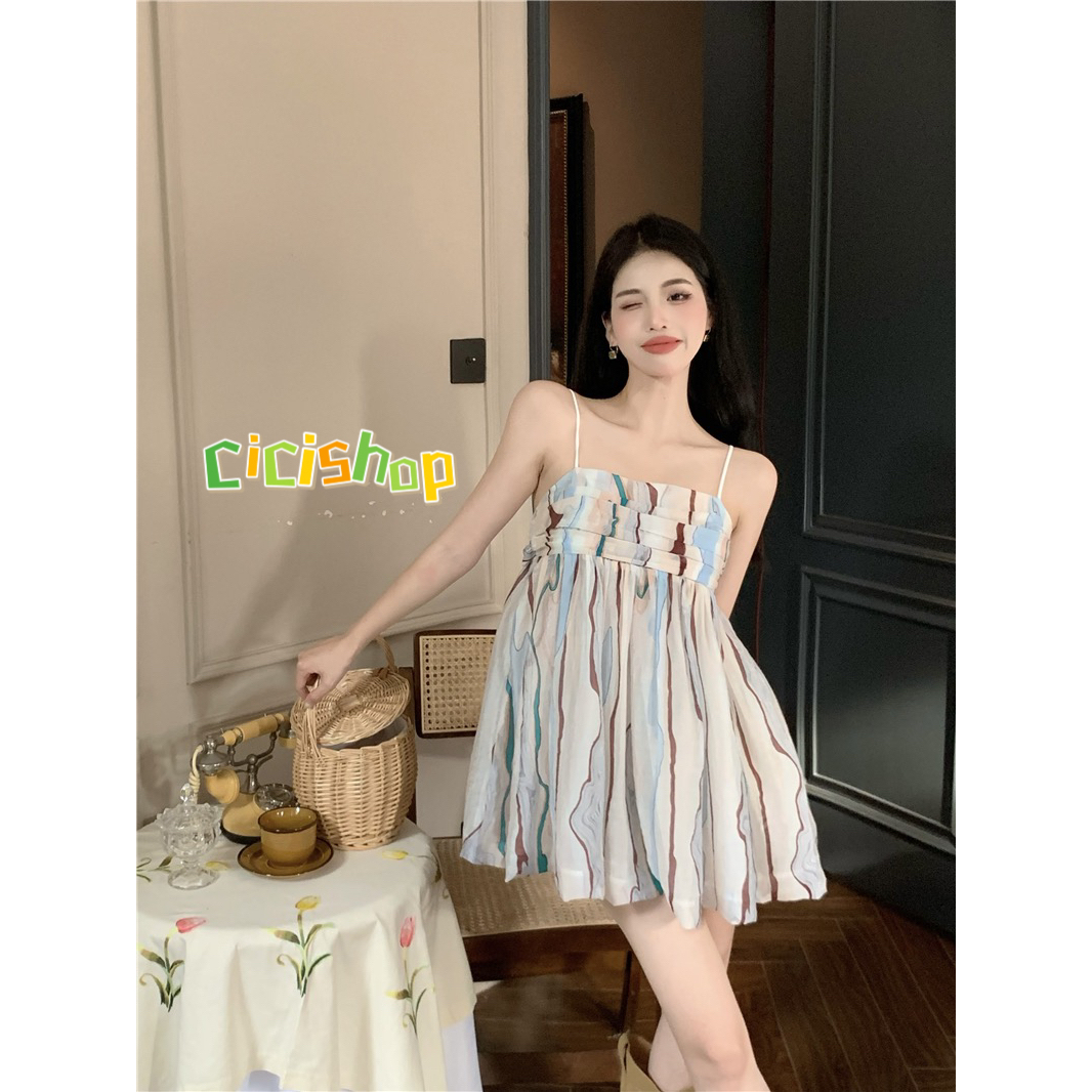 Cicishop(3108)สายเดี่ยวมินิเดรสลายทาง ทรงระบาย ผ้าใส่สบาย ใส่แล้วแซ่บมาก | Shopee Thailand