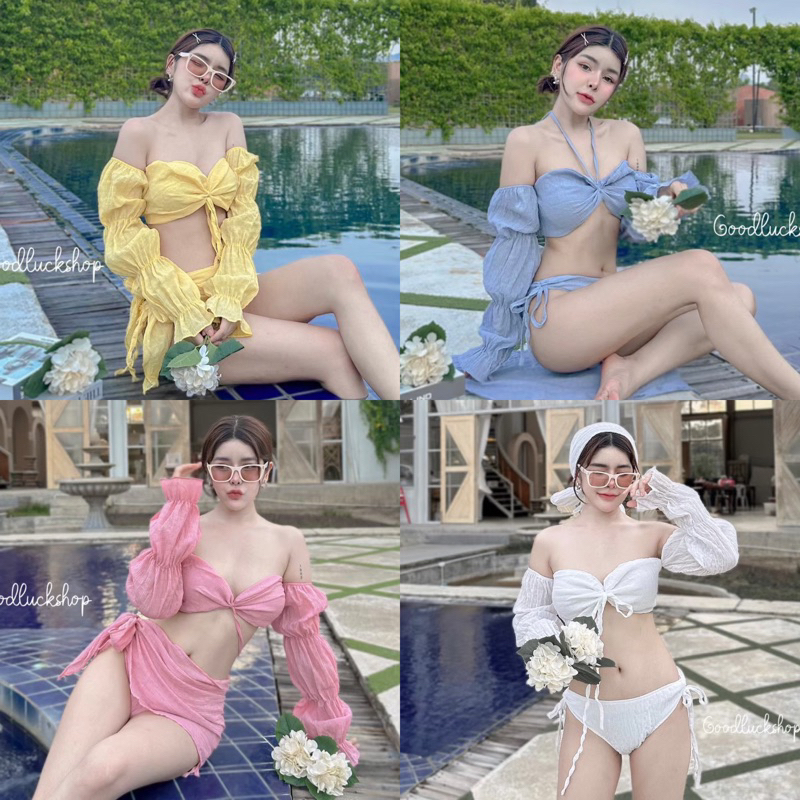Teera ️พร้อมส่ง Set’ bikini ̈ ⑅ บิกีนีเซต 3 ชิ้น มีผ้าคลุม ดีเทลแขนยาวเปิดไหล่ goodluck | Shopee ...