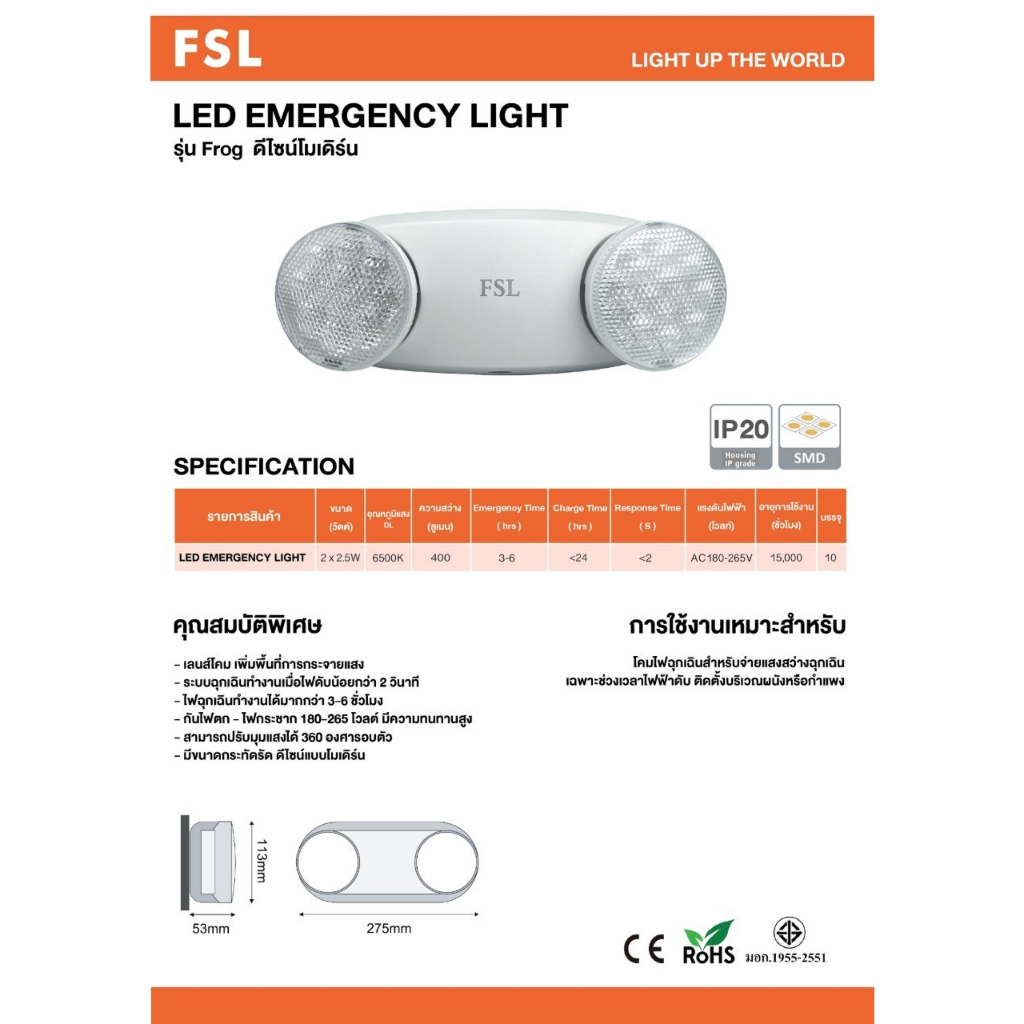 โคมไฟฉุกเฉิน Led emergency 5w รุ่น Frog FSL(110ประเทศเลือกใช้) | Shopee ...