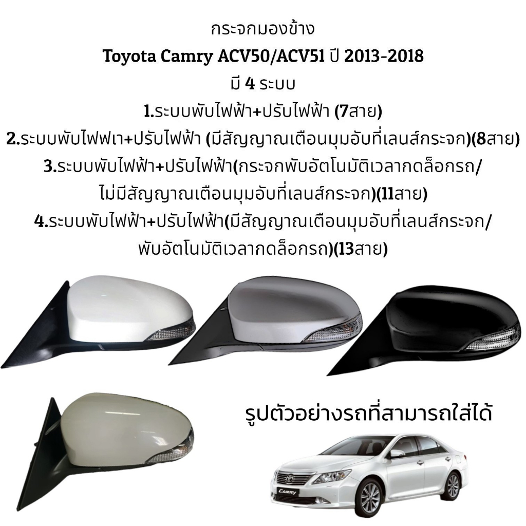 กระจกมองข้าง Toyota Camry ACV50/ACV51 ปี 2013-2018 ระบบพับไฟฟ้า+ปรับไฟฟ้า (มี 4 แบบ) | Shopee ...