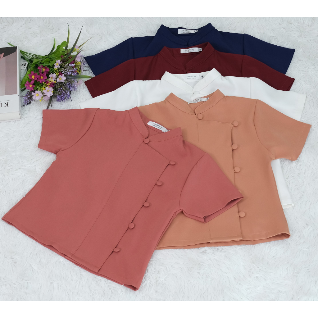 เสื้อคอจีน แขนสั้น แต่งกระดุม รุ่น JP JQ JR | Shopee Thailand