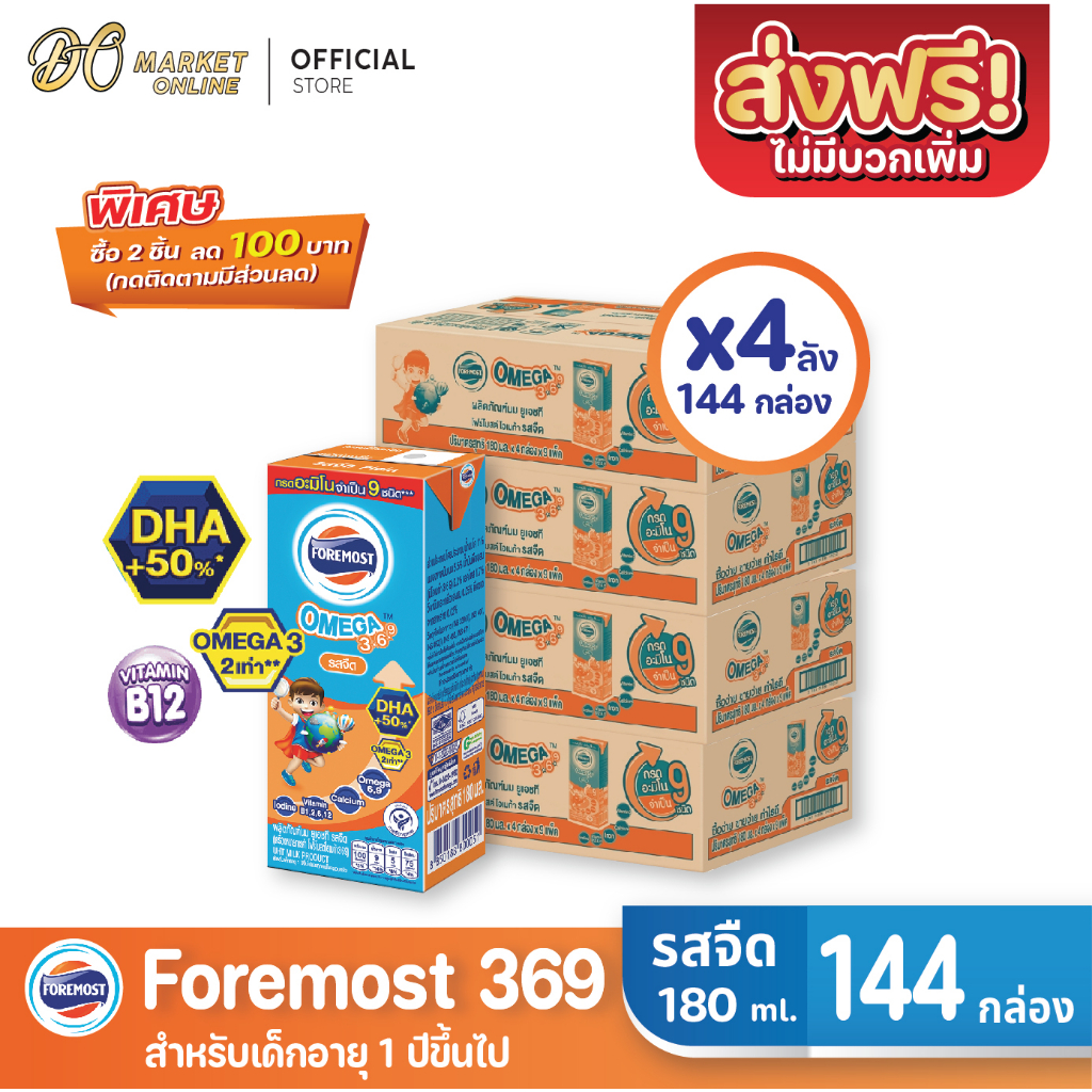 [ส่งฟรี X4 ลัง] โฟร์โมสต์ โอเมก้า369 นมยูเอชที รสจืด FOREMOST UHT OMEGA369 180มล. (ยกลัง 4 ลัง ...