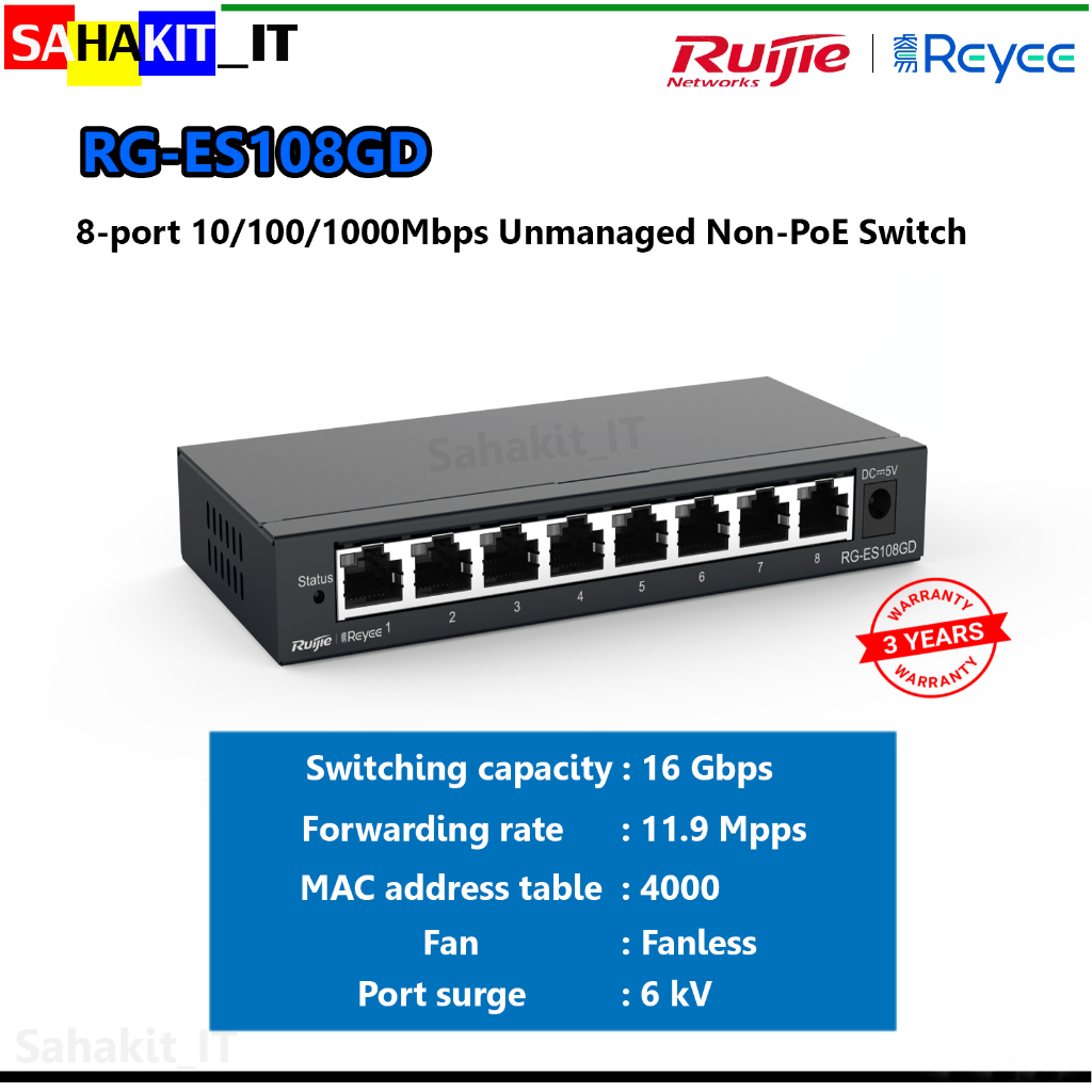 สวิตซ์ฮับ Ruijie 8-port 10/100/1000Mbps (Gigabit) Unmanaged Metal Switch รุ่น RG-ES108GD ...