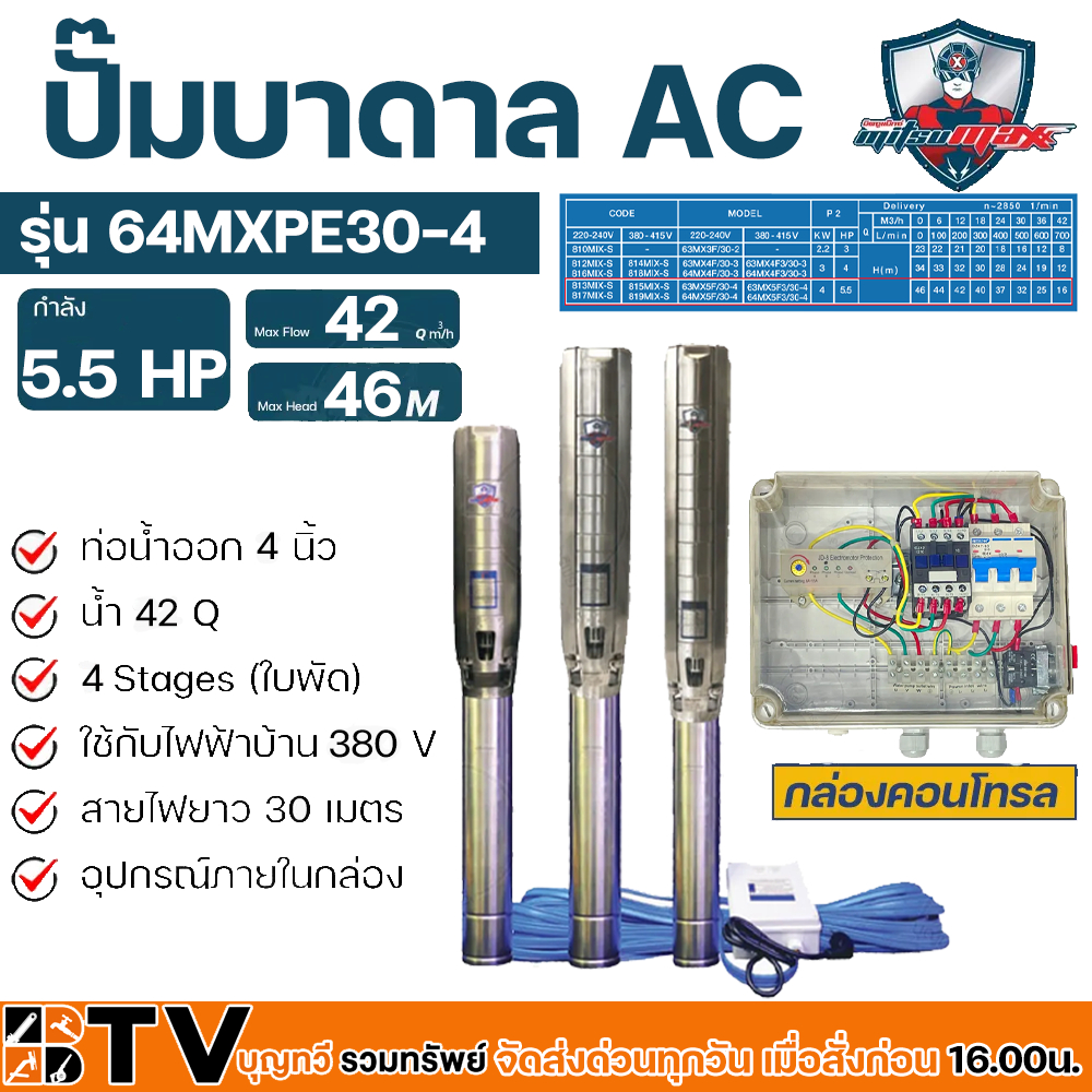 Mitsumax ปั๊มบาดาล 5.5HP สำหรับลงบ่อ 6 นิ้ว ท่อออก 3-4 นิ้ว ใช้กับไฟฟ้า ...