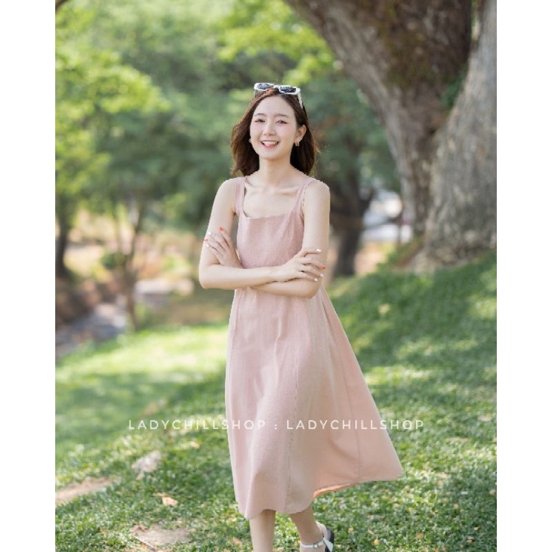 Smiley Dress เดรสมินิมอล เดรสสายเดี่ยวผ้าคอตตอนลินิน มีโบว์ด้านหลัง งาน ...
