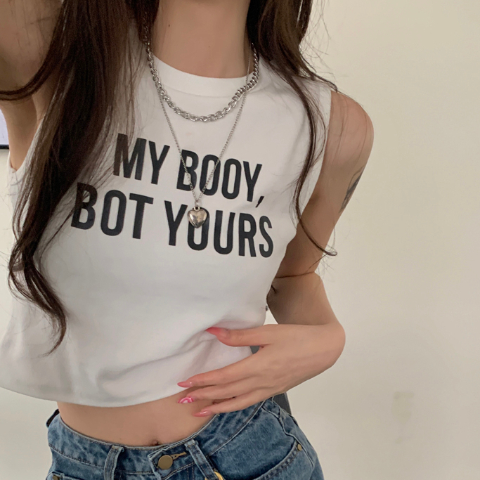 BOLIShop เสื้อครอปท็อป แขนกุด เสื้อผ้าแฟชั่น y2k คอกลม พิมพ์ลายตัวอักษร เนื้ิอผ้าคอตตอน แมทง่าย ...