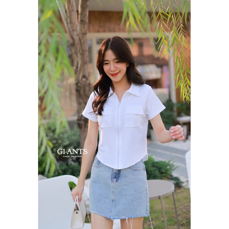 GI-ANTS เสื้อคอปกซิปหน้าแต่งกระเป๋าคู่ | Shopee Thailand