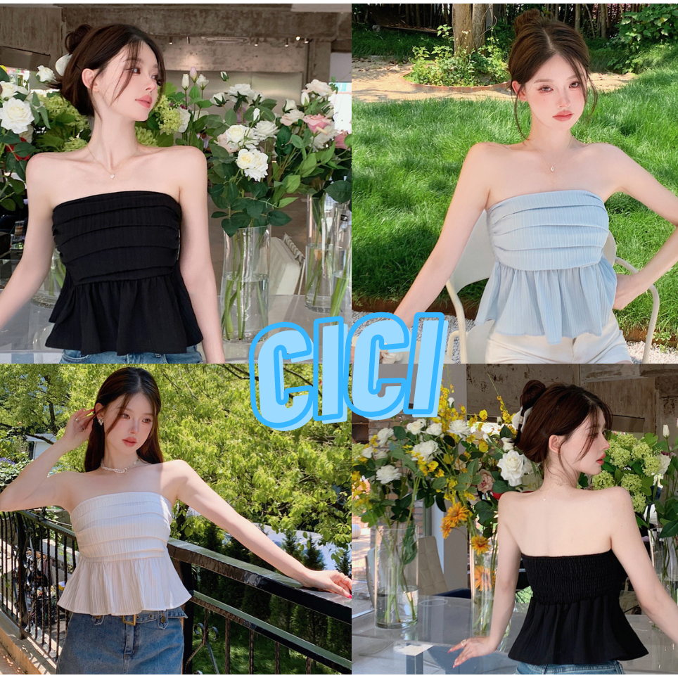 Cici(NO.J525-1)เกาะอกสีพื้น ชายระบายสไตล์เกาหลีสุดชิค | Shopee Thailand