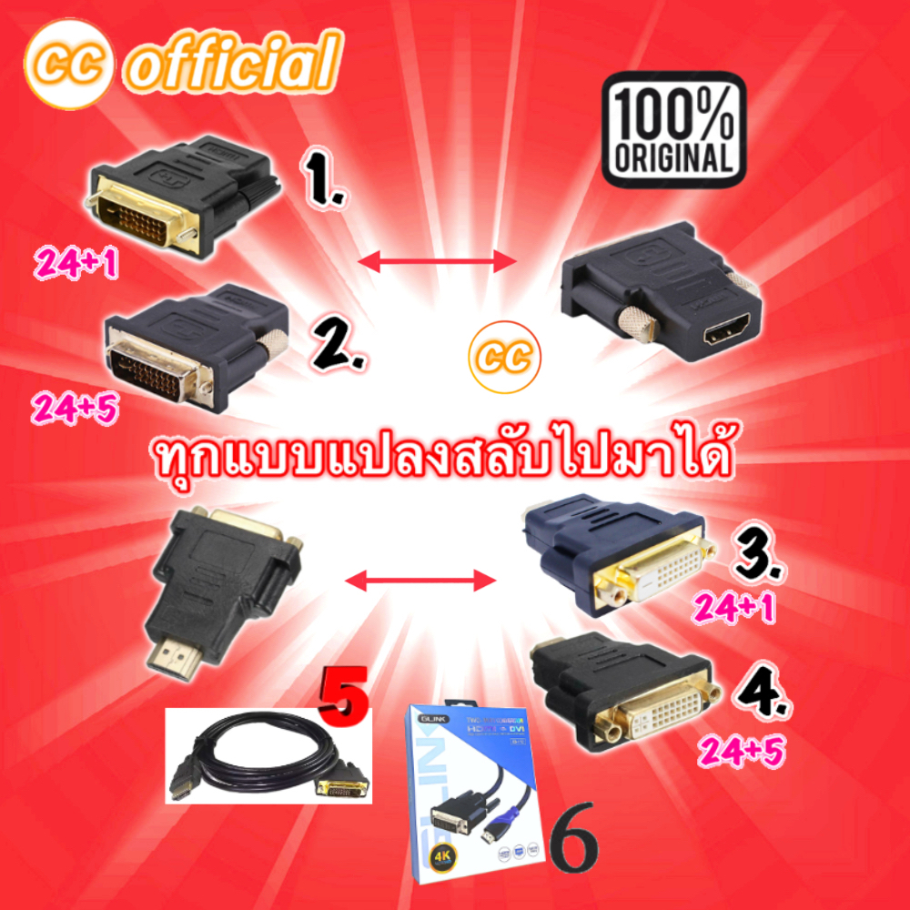 DVI to HDMI , HDMI to DVI Adapter Glink หัวแปลง DVI-D 24+1 / DVI-I 24+5 ...