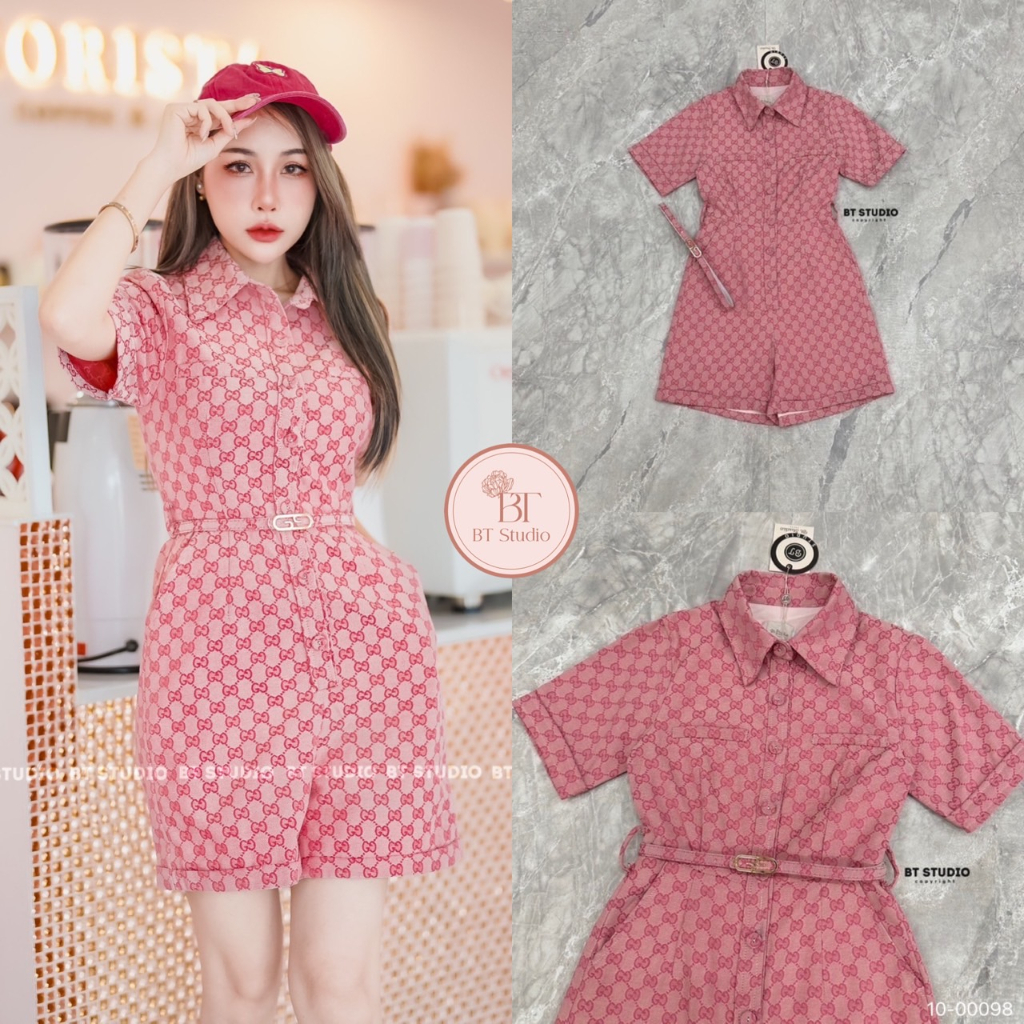 BT Studio Set 2 ชิ้น ชุดจั๊มสูทขาสั้นคอปก+เข็มขัด 10-00098 PJ | Shopee Thailand