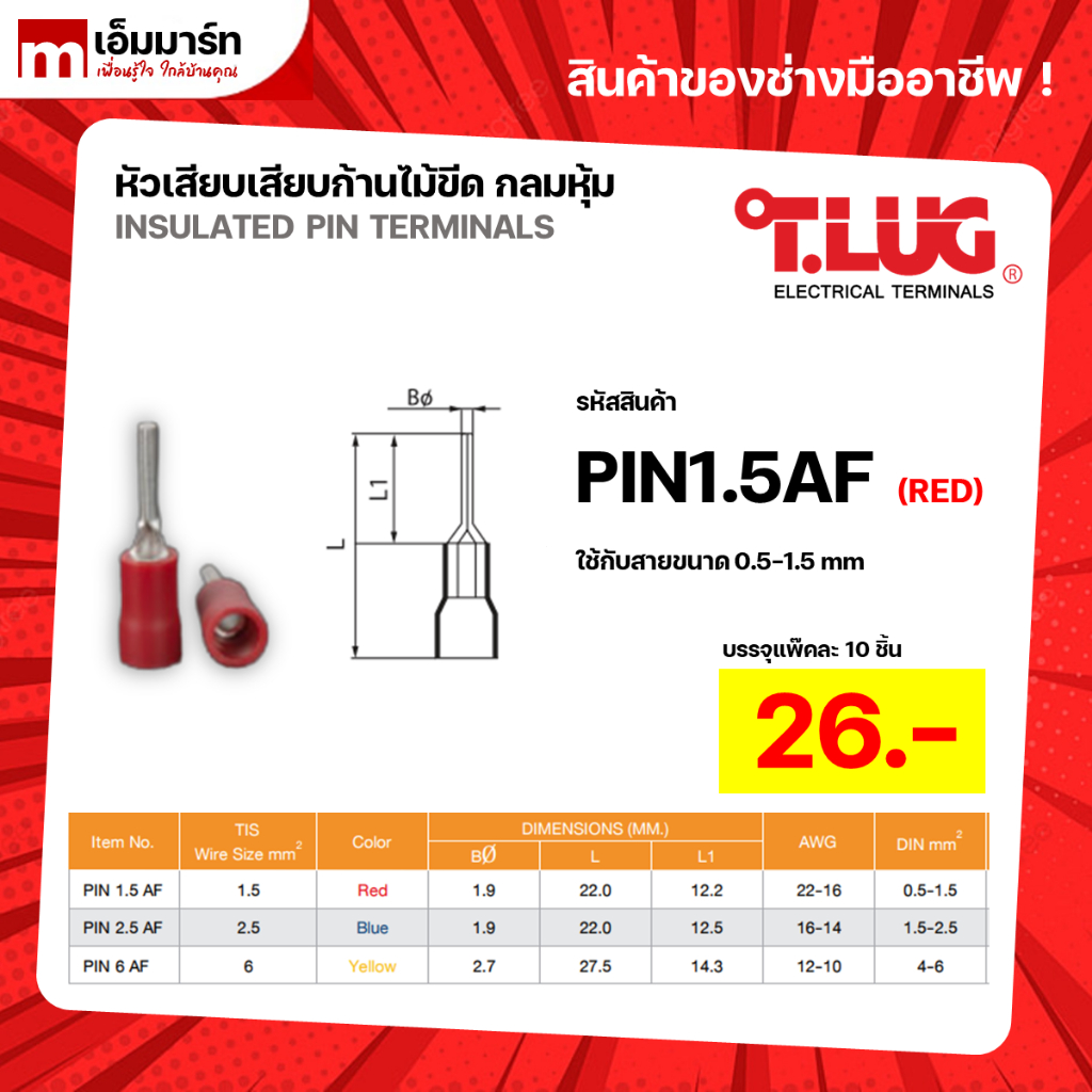 หัวเสียบก้านไม้ขีดกลมหุ้ม PIN1.5AF PIN2.5AF PIN6AF ทีลักซ์ T.LUG ...