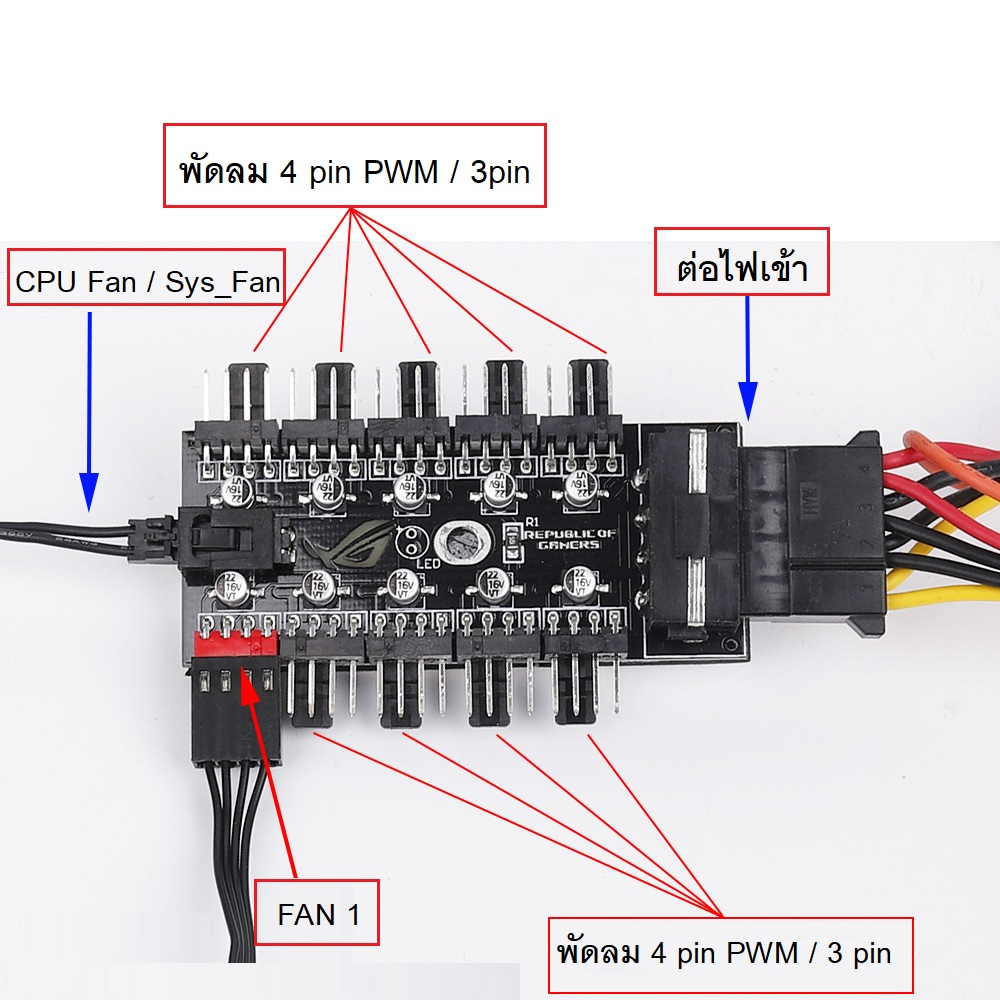 HUB ต่อพ่วงพัดลมคอม Fan Hub 4 pin PWM 10 port M/B Sync SATA/Molex Power supply | Shopee Thailand