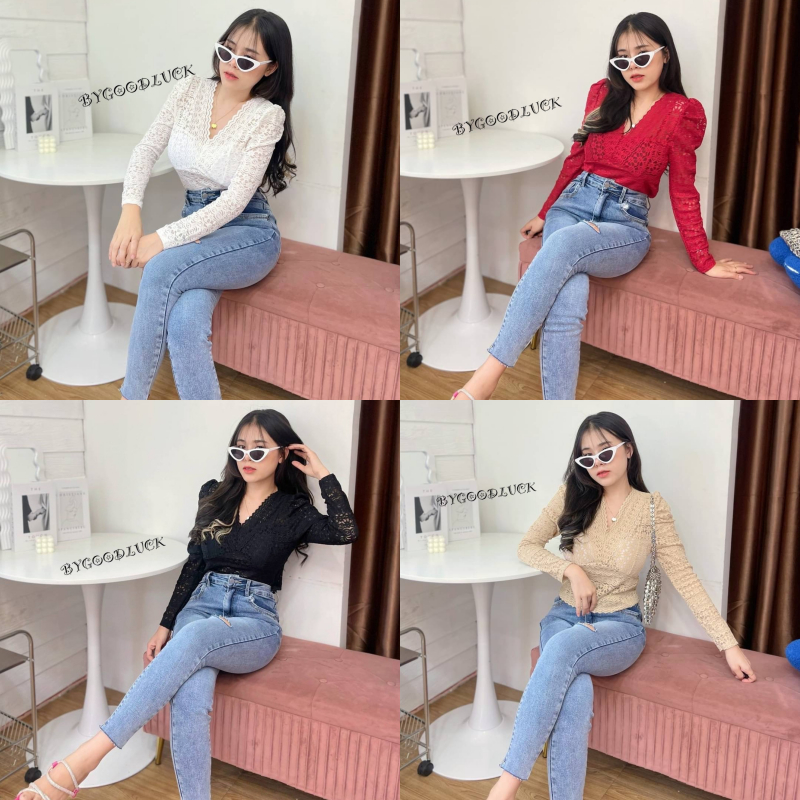 🌈MesubShop🌈 เสื้อลูกไม้แขนยาว งานลูกไม้ผ้านิ่ม คอวี💕ผ้าลายลูกไม้ รุ่น ยาใจ B-015-4-A | Shopee ...