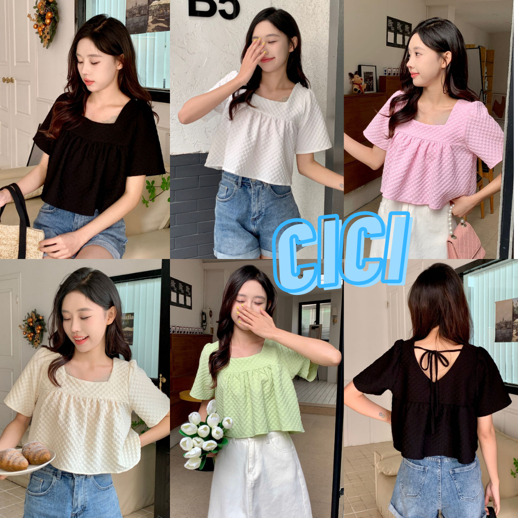 Cici(NO.Y536)เสื้อแขนสั้นทรงCrop คอวี แต่งลายตารางน่ารักๆ | Shopee Thailand
