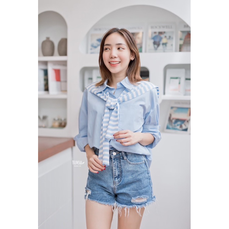 Numsha Brand เชิ้ตผ้าเรียบพาดบ่าลายทาง / NB22104 | Shopee Thailand