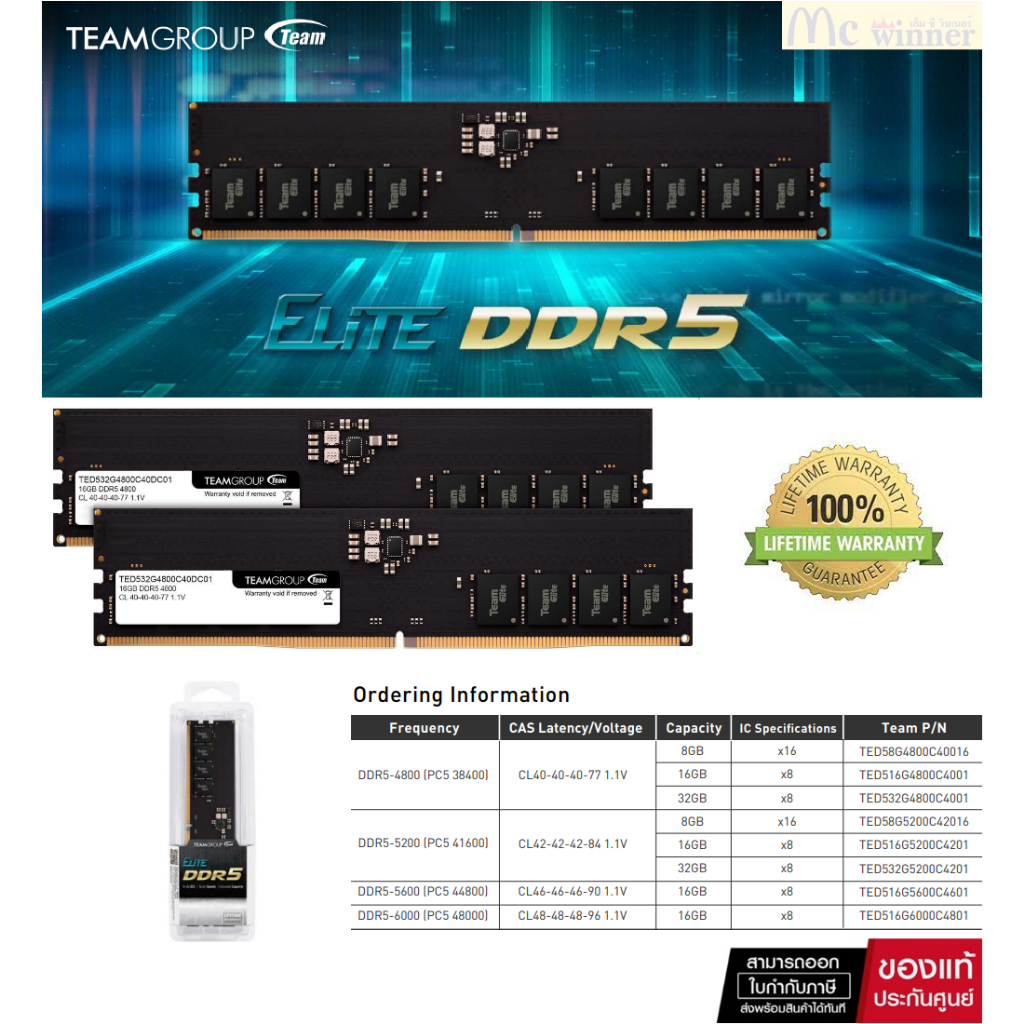 32 GB (2 x16GB) 4800 MHz TEAMGROUP Elite RAM PC (แรมพี่ซี) DDR5 - Kit ...