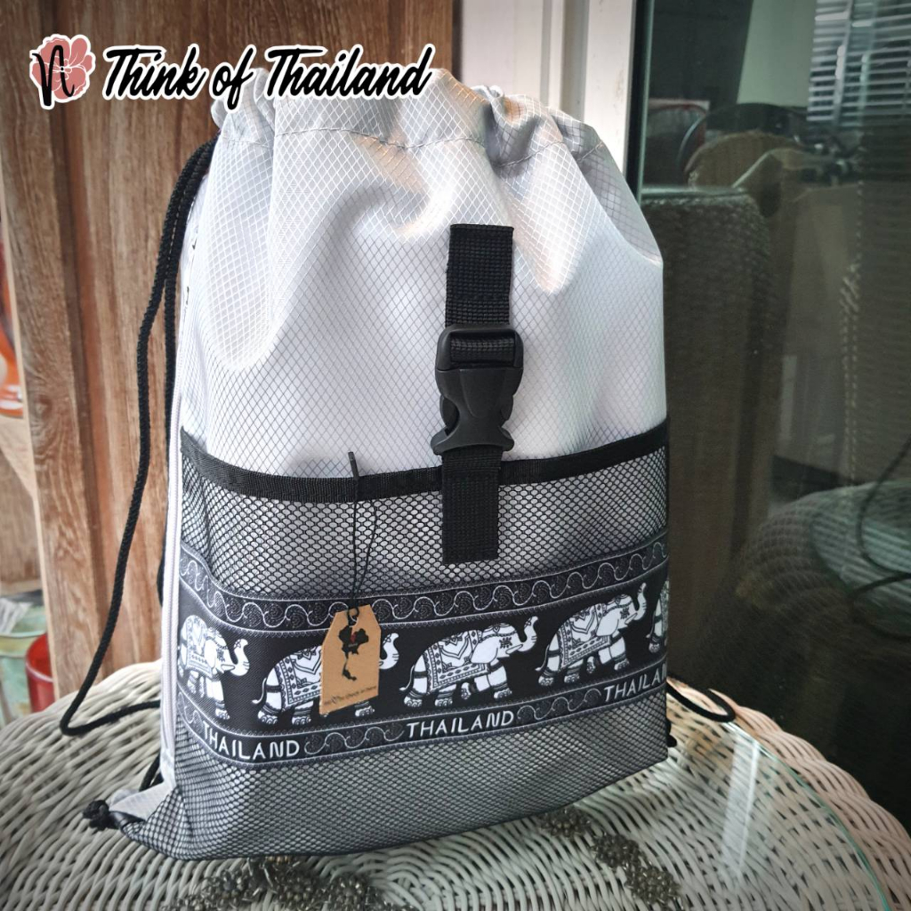 กระเป๋าหูรูด ลายช้างไทยโบราณ Drawstring Bag Thai traditional elephan ...