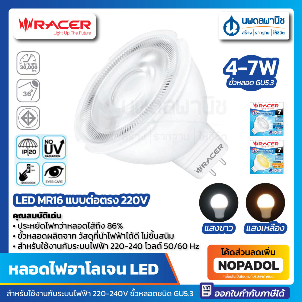 Racer หลอด LED MR16 แบบต่อตรง 220V (4-7W) ขั้ว GU5.3 DAY LIGHT ...