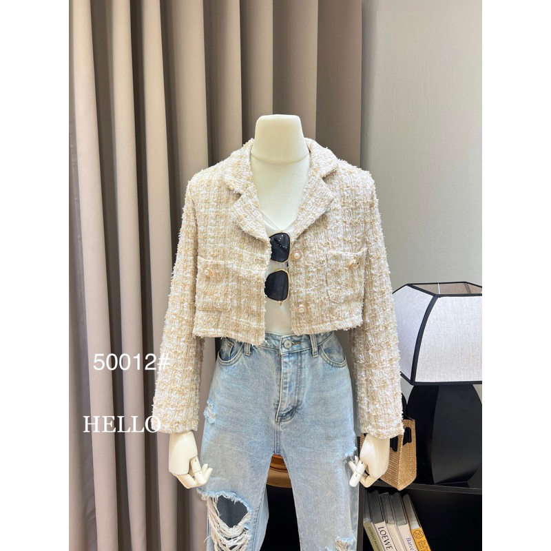 เสื้อคลุมครอปแขนยาว ผ้าทวิต พร้อมกระเป๋าหน้า ดิ้นทองในตัว #H50012 ...