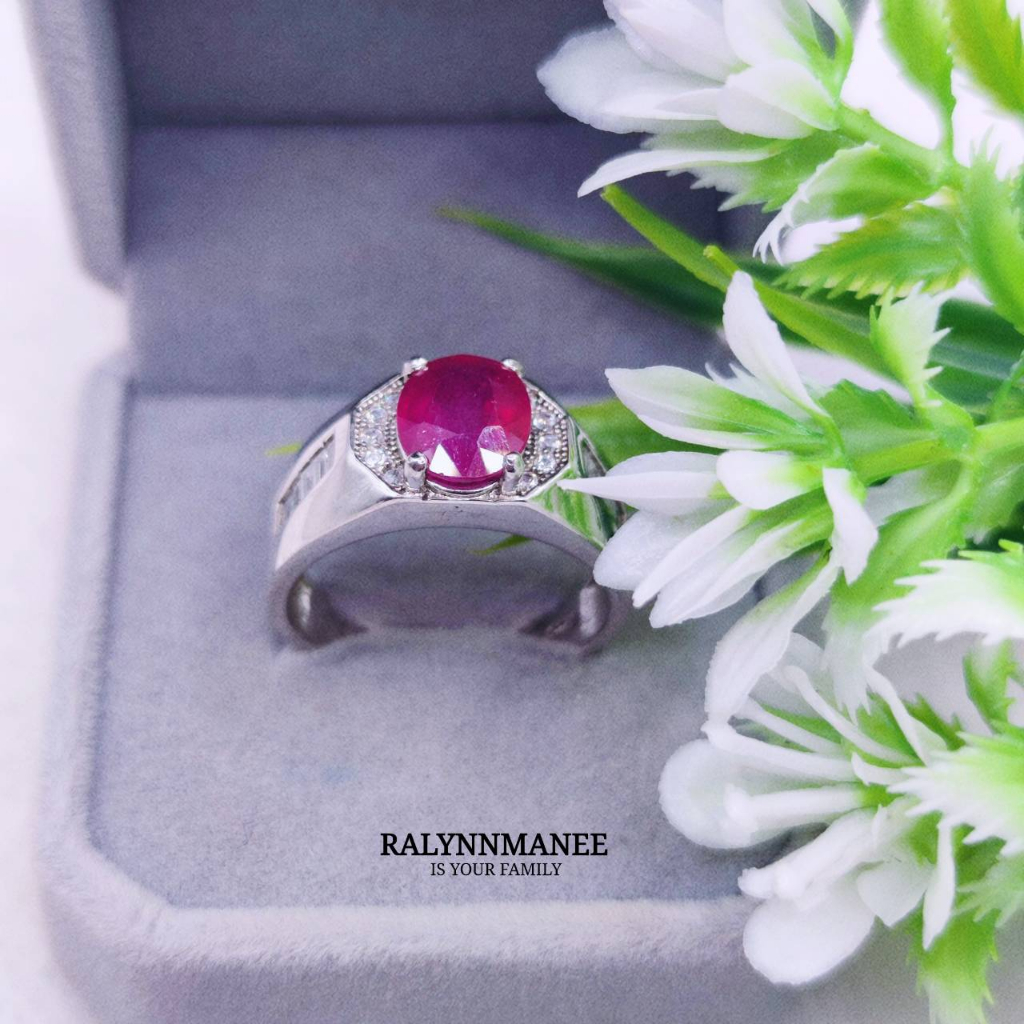 A6446 แหวนชายพลอยทับทิมแท้ ( Ruby ) ตัวเรือนเงินแท้ 925 ชุบทองคำขาว ...