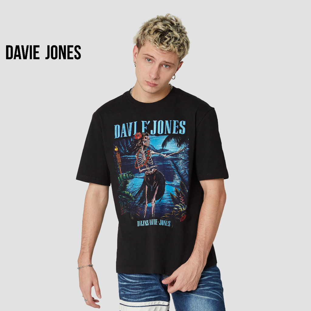 DAVIE JONES เสื้อยืดพิมพ์ลาย ทรง Relaxed Fit สีดำ Graphic Print Relaxed ...