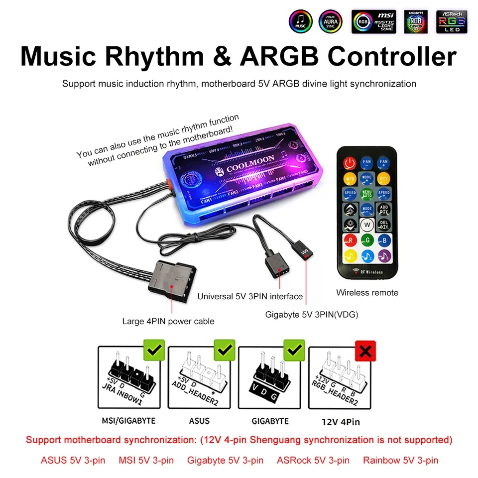 กล่องปรับไฟ Coolmoon RGB Hub Controller 6 Pin Music Rythm & M/B Sync ...