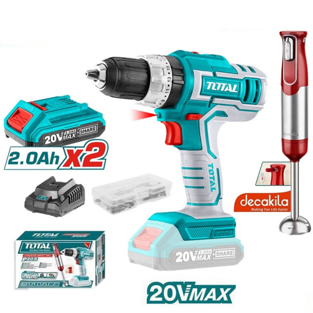 Total ( Super Combo Set ) สว่านกระแทก ไร้สาย 20 โวลท์ (แบต 2 ก้อน ...