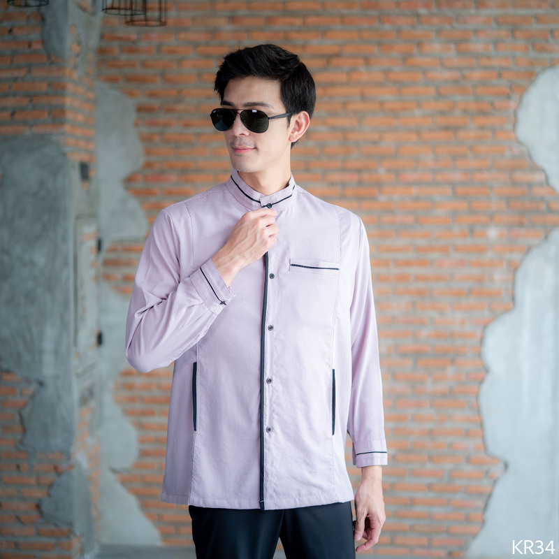 เสื้ออิสลามผู้ชายแขนยาวคอวี สีพลาสเทลมีกระเป๋างานขอบกุ้น เหมาะสำหรับใส่ละหมาดออกงานอิสลามหรือรับ ...