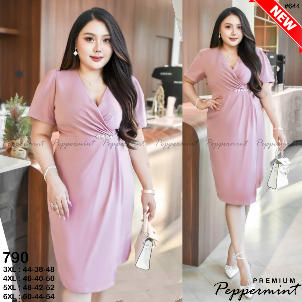 เดรสสาวอวบ หรูหรา คุณนายไฮโซ แต่งเพชรที่เอว งานป้าย พรีเมียม นำเข้า Peppermint PlusSize (644 ...