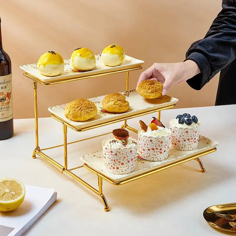 จานขนม 3 ชั้น Afternoon Tea Shelf เซรามิก, เหล็ก สี: ทอง : 30*40.5*24.4 ...