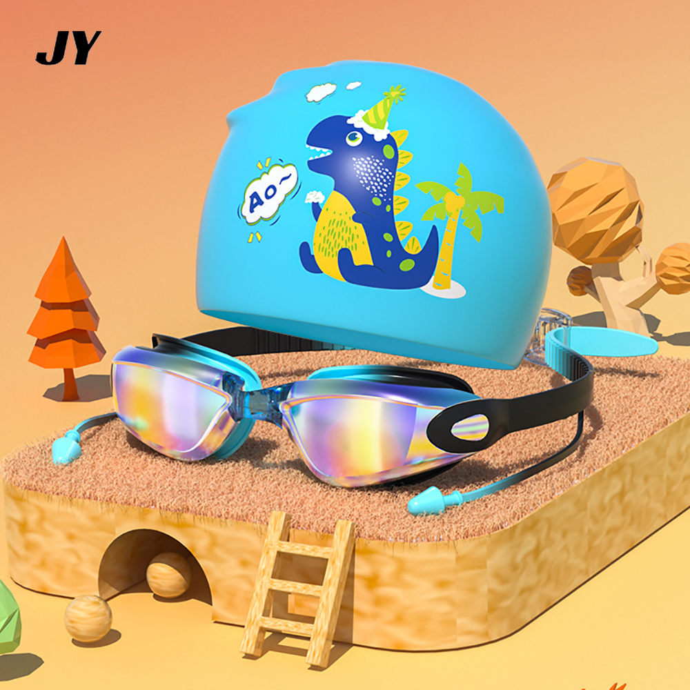 แว่นตาว่ายน้ำเด็ก แว่นว่ายน้ำ HD กันน้ำและกันฝ้า สีสันสดใส แว่นตาว่ายน้ำเคลือบด้วยไฟฟ้า เซ็ตหมวก ...