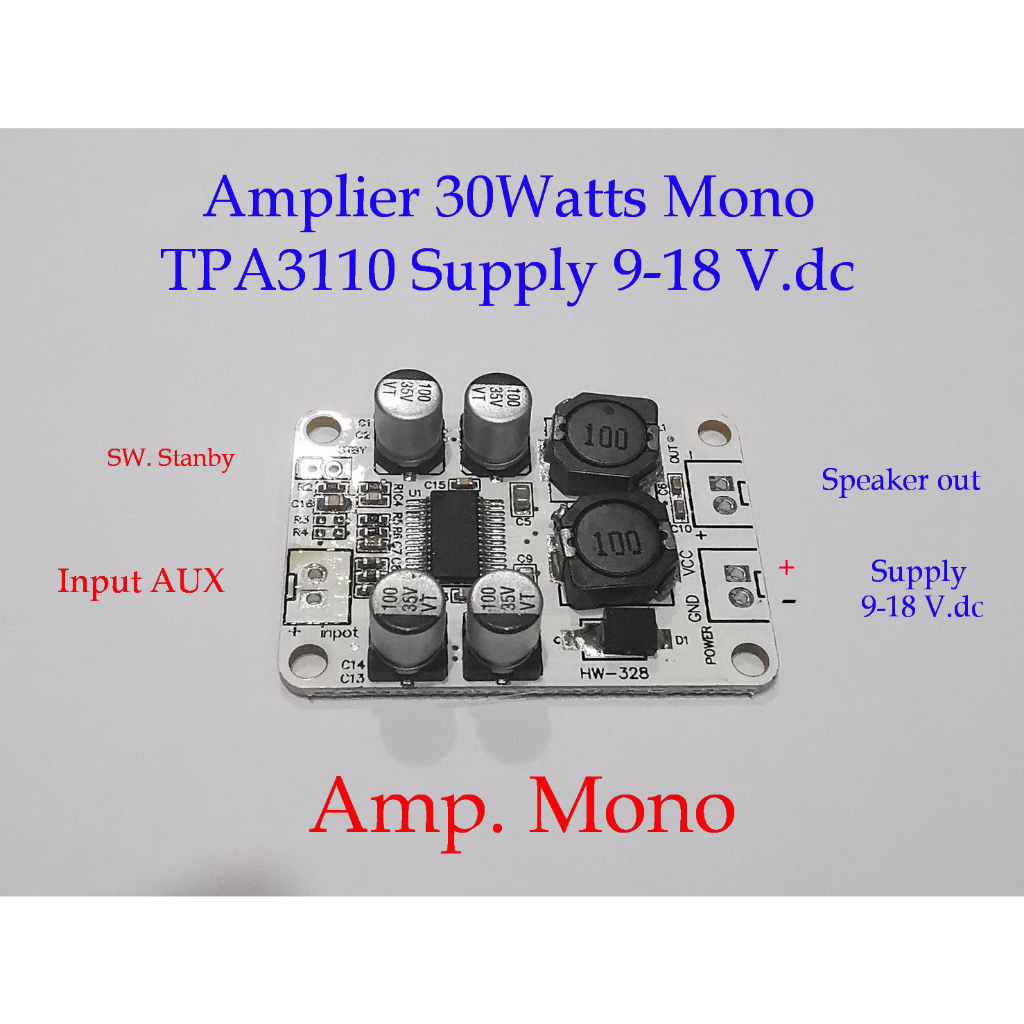 บอร์ดขยายเสียงMono 30W. Supply 9-18 V.DC(3Amp). Chip TPA3110 Amplifier ...