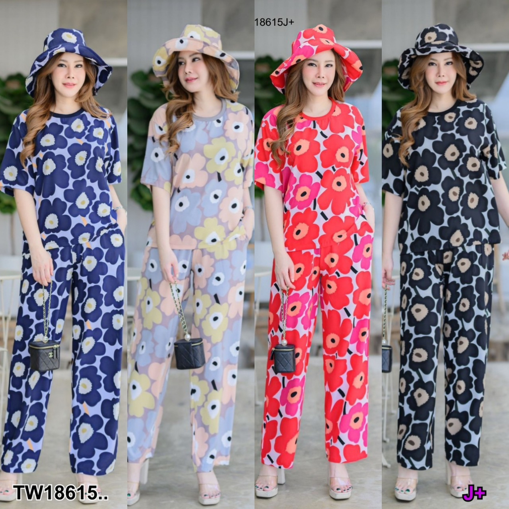 PP18615 set #สาวอวบ 2 ชิ้น เสื้อแขนสั้น + กางเกงขายาว + หมวกทรงบัคเก็ต. ...