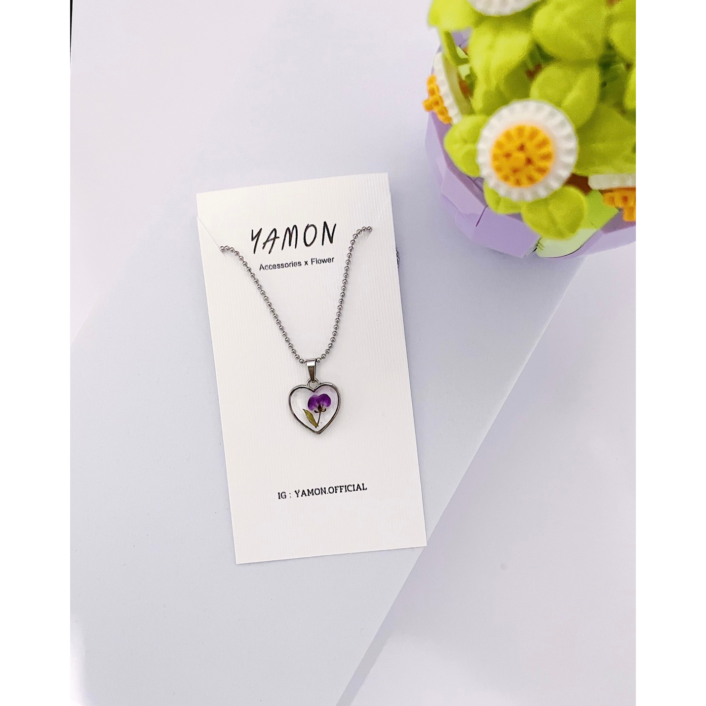 YAMON สร้อยคอดอกอลิสซั่ม จี้ทรงหัวใจ สร้อยคอสแตนเลส จี้ดอกไม้จริง ...