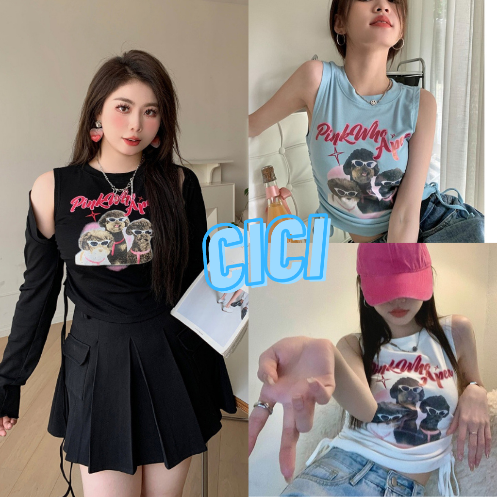Cici(NO. WK922)เสื้อแขนกุด ทรง Crop Top ดีเทลด้านข้างรูดปรับเชือกได้ ลายน้องสุนัข น่ารักมากกก ...